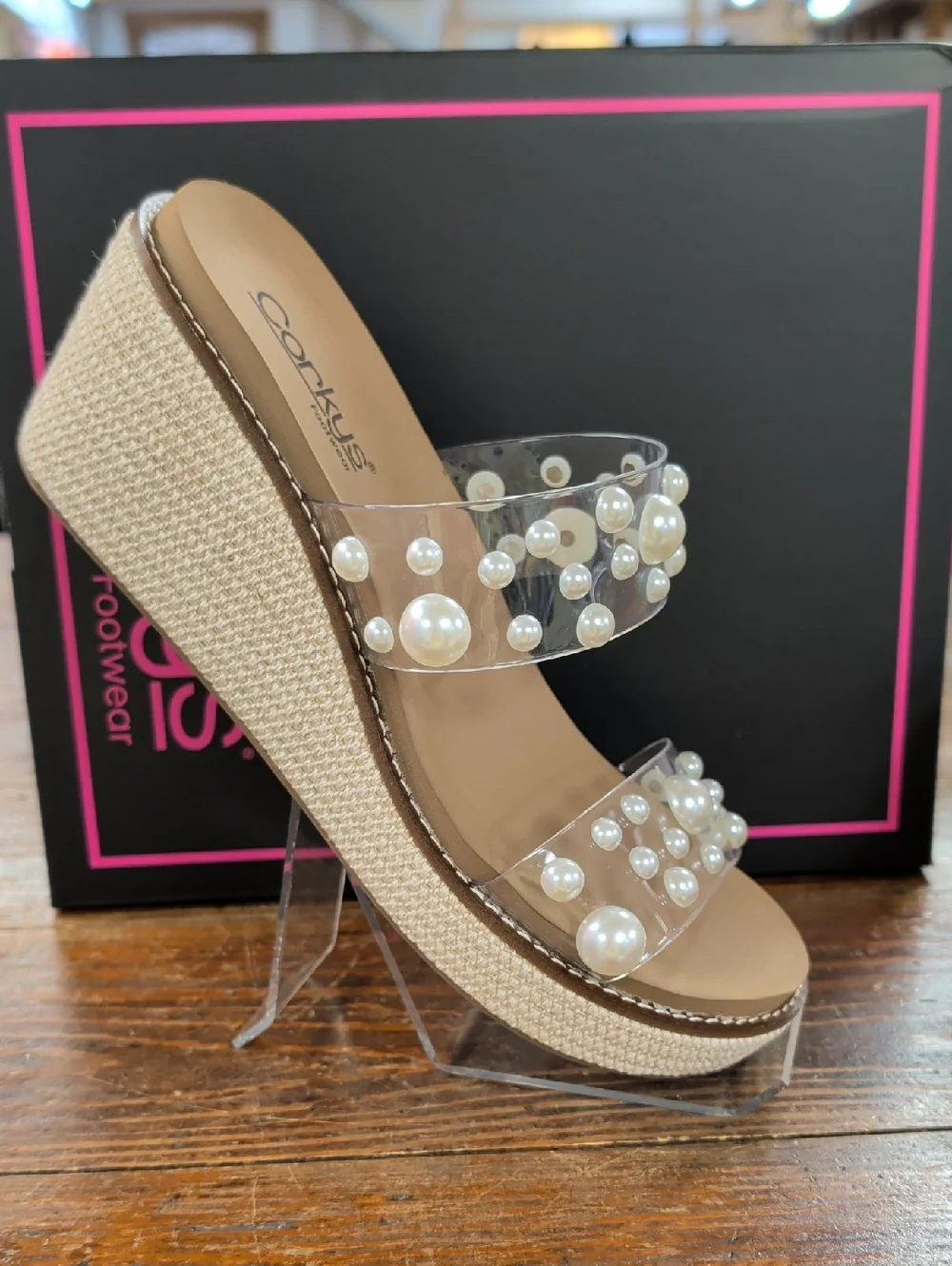 Corkys | Shoes | Corkys Pearlembellished Clear Strap Wedge Sandals In ...